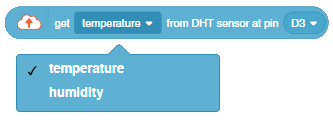 get () from DHT sensor at pin () - PictoBlox Block | IoT House (Quarky)